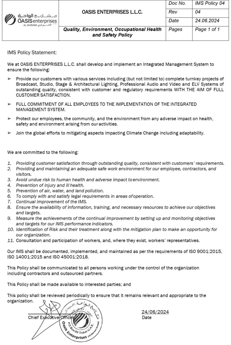 IMS Policy | Integrated Management System | Oasis Enterprises
